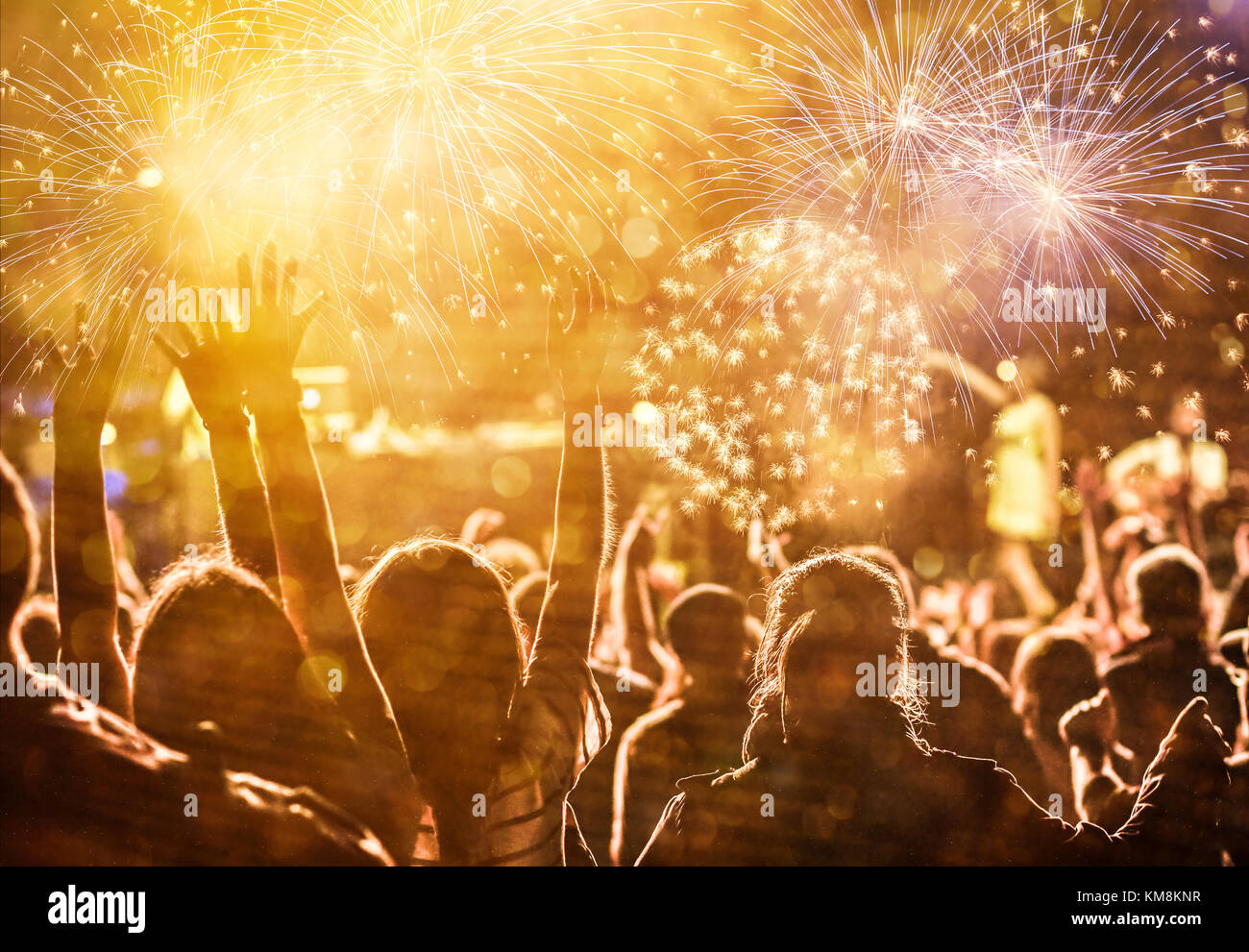 Cheering crowd watching fireworks at New Year Stock Photo - Alamy
