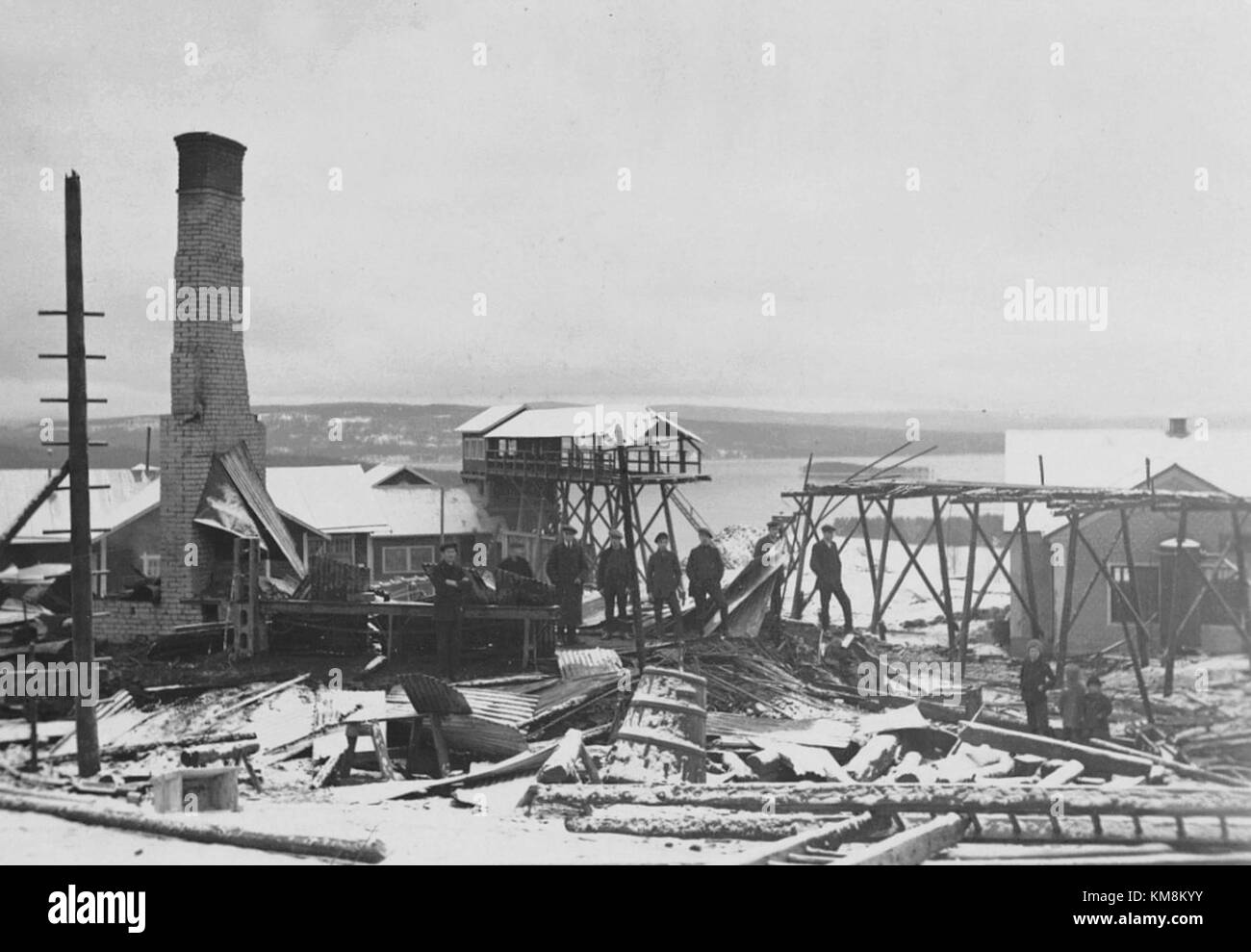 This historical image shows Lekombergs Gruva, an old Swedish mine. The ...