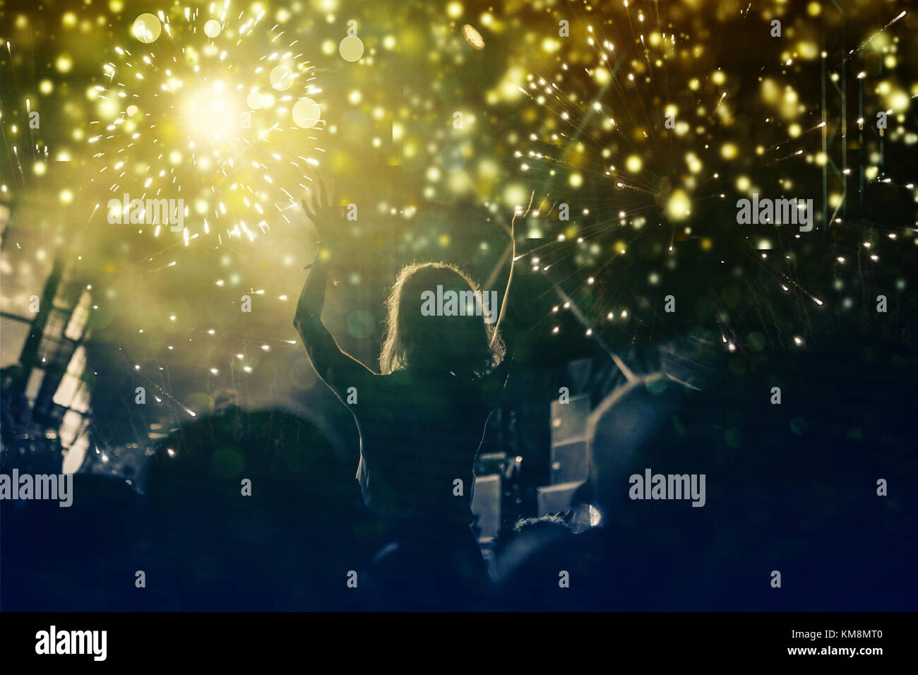 new Year concept - cheering crowd and fireworks Stock Photo - Alamy