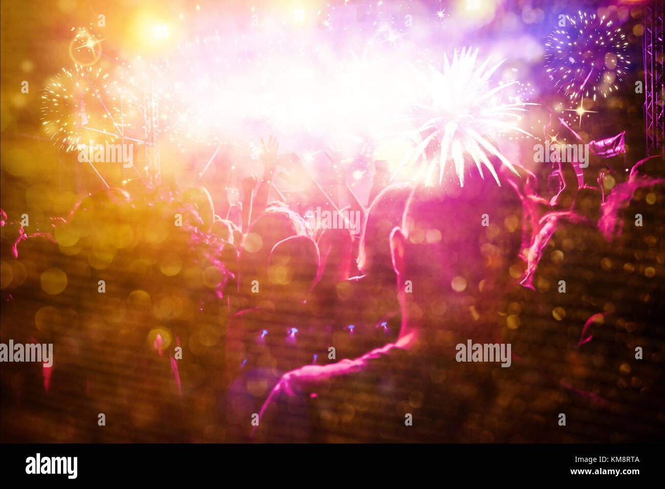 new Year concept - cheering crowd and fireworks Stock Photo - Alamy