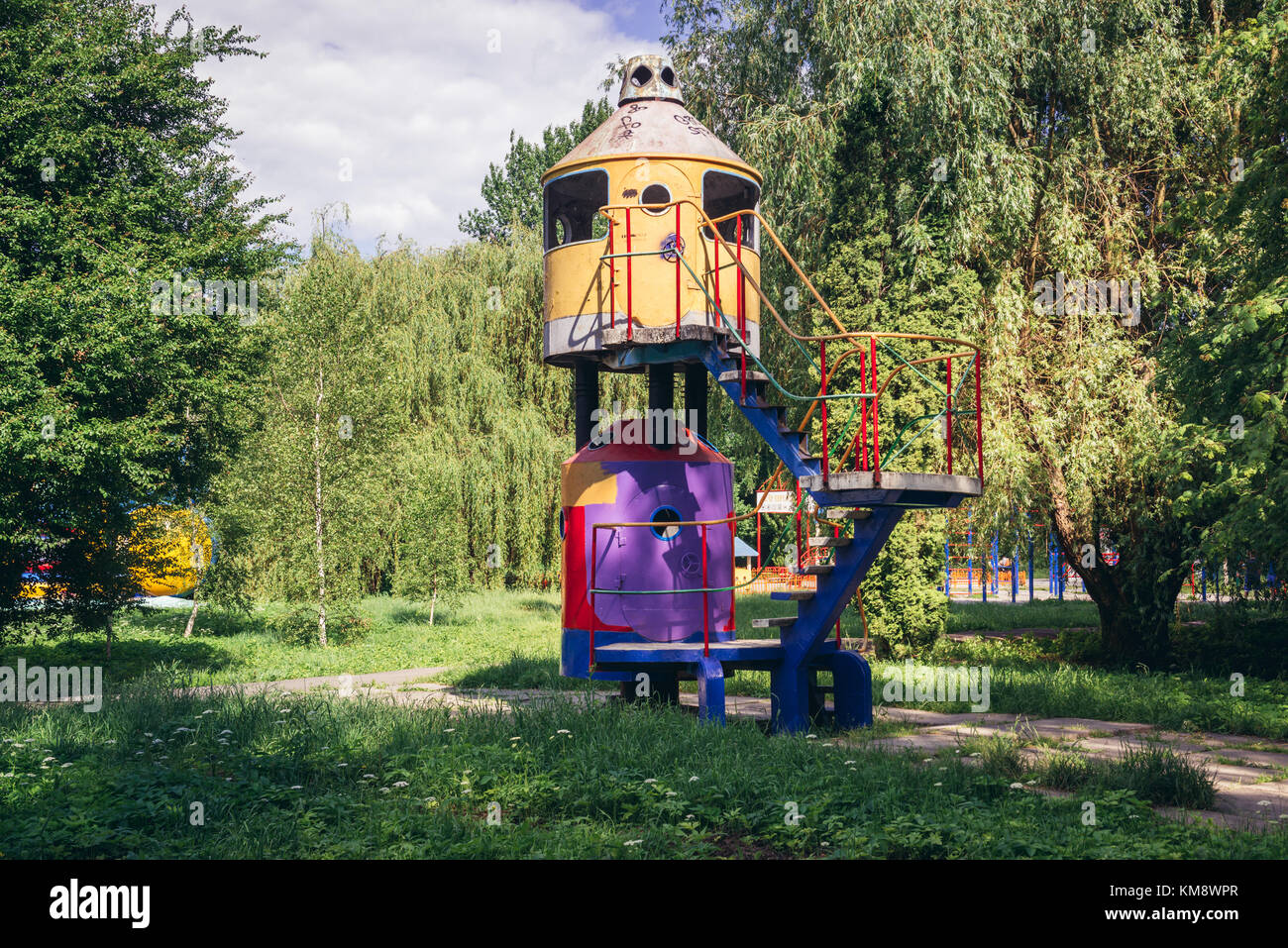 Old Soviet era playground equipment in Topilche Hydropark in Ternopil ...