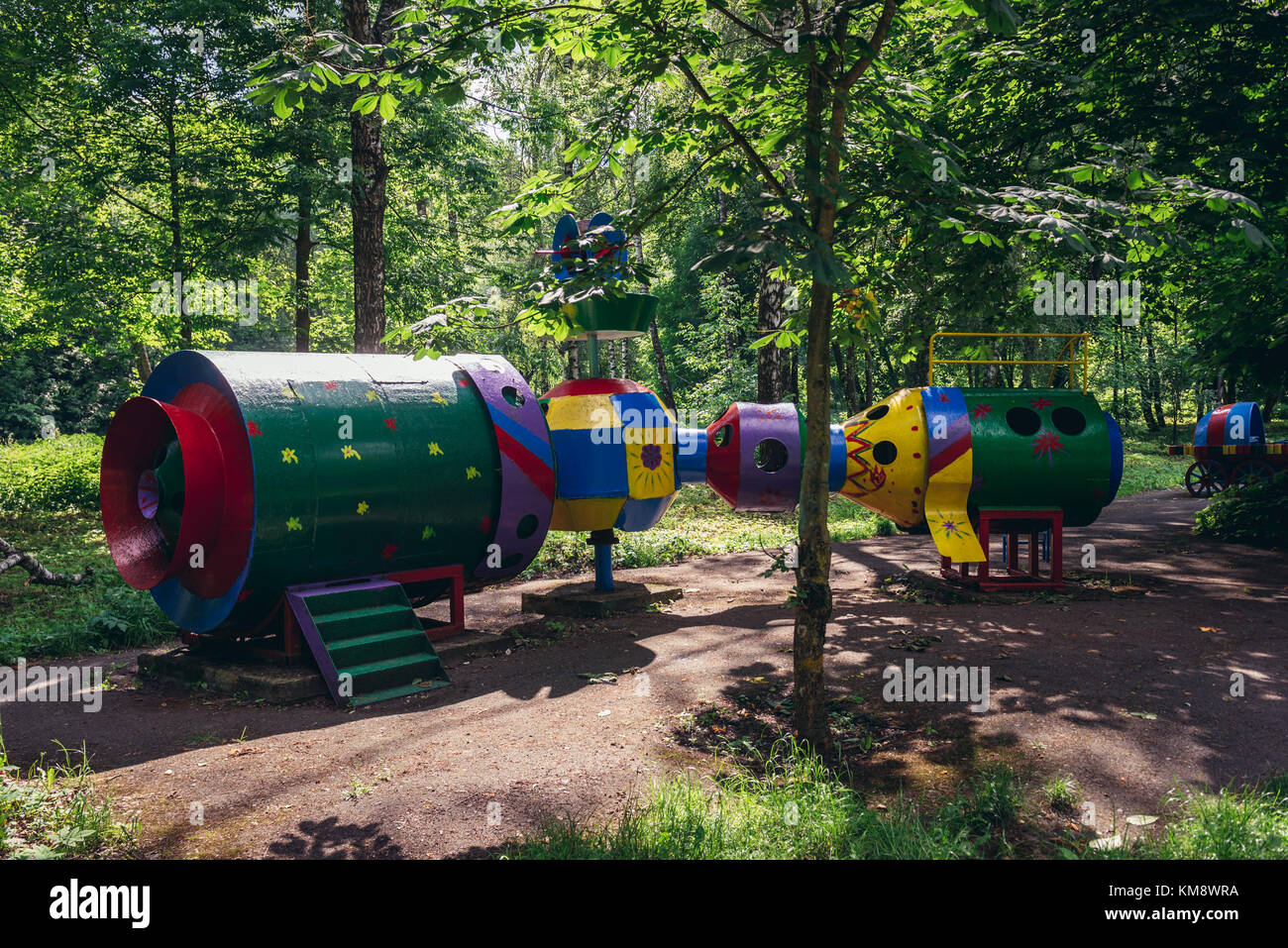 Old Soviet era playground equipment in Topilche Hydropark in Ternopil ...