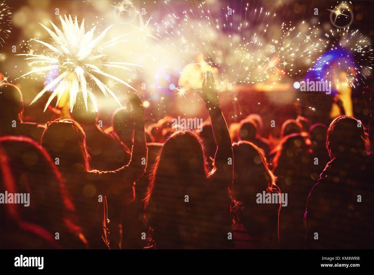 cheering crowd watching fireworks - new year concept Stock Photo - Alamy