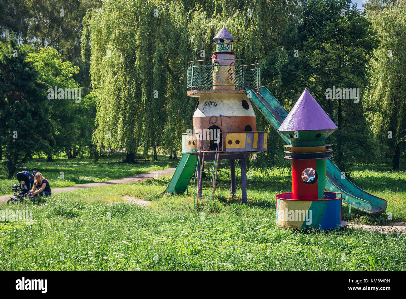 Slide on old Soviet era playground equipment in Topilche Hydropark in ...