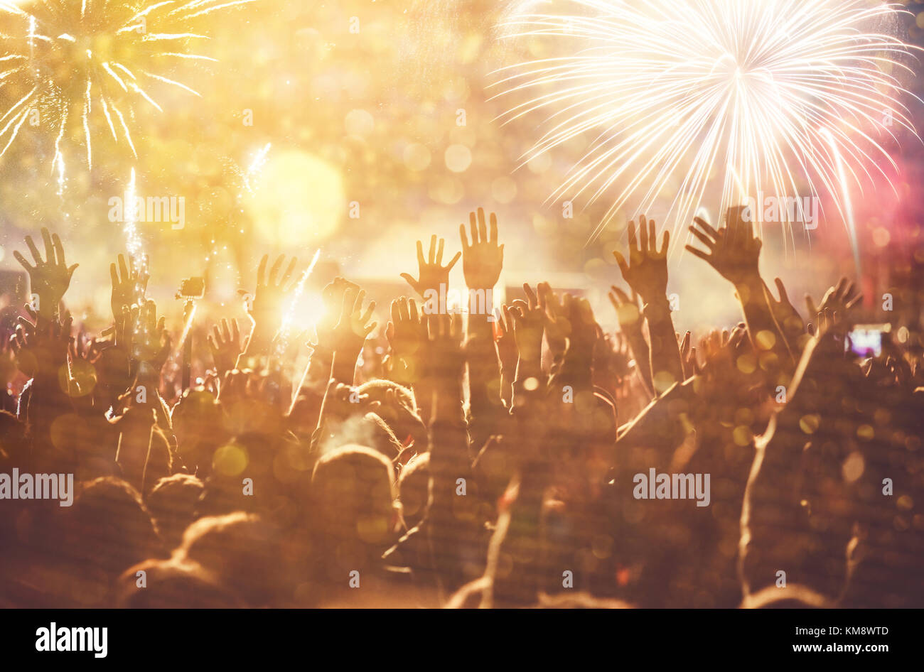 cheering crowd watching fireworks - new year concept Stock Photo - Alamy