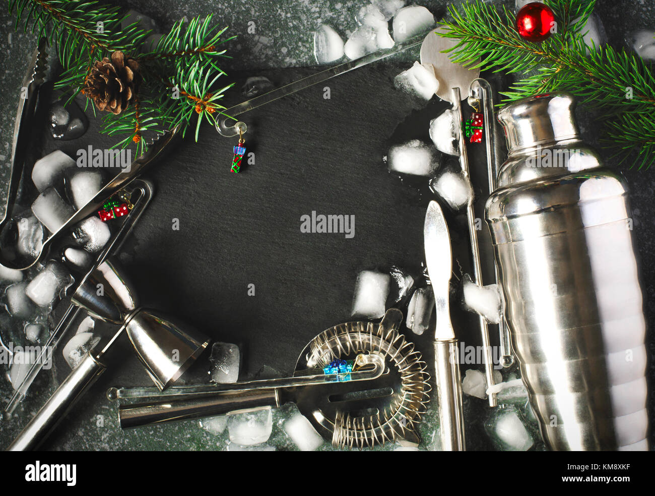 Set of bar tools and ingredients for making a cocktails arranged on a ...