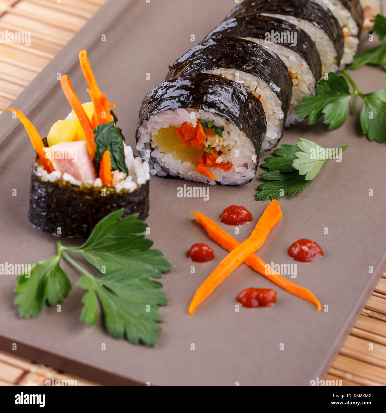 A close up of a popular Korean dish called Kimbap. A type of sushi ...