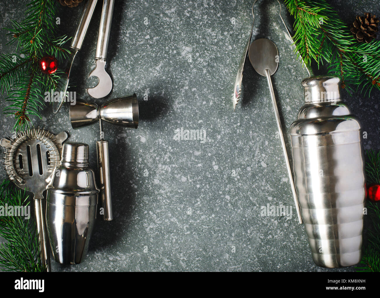 Set of bar tools and ingredients for making a cocktails arranged on a ...