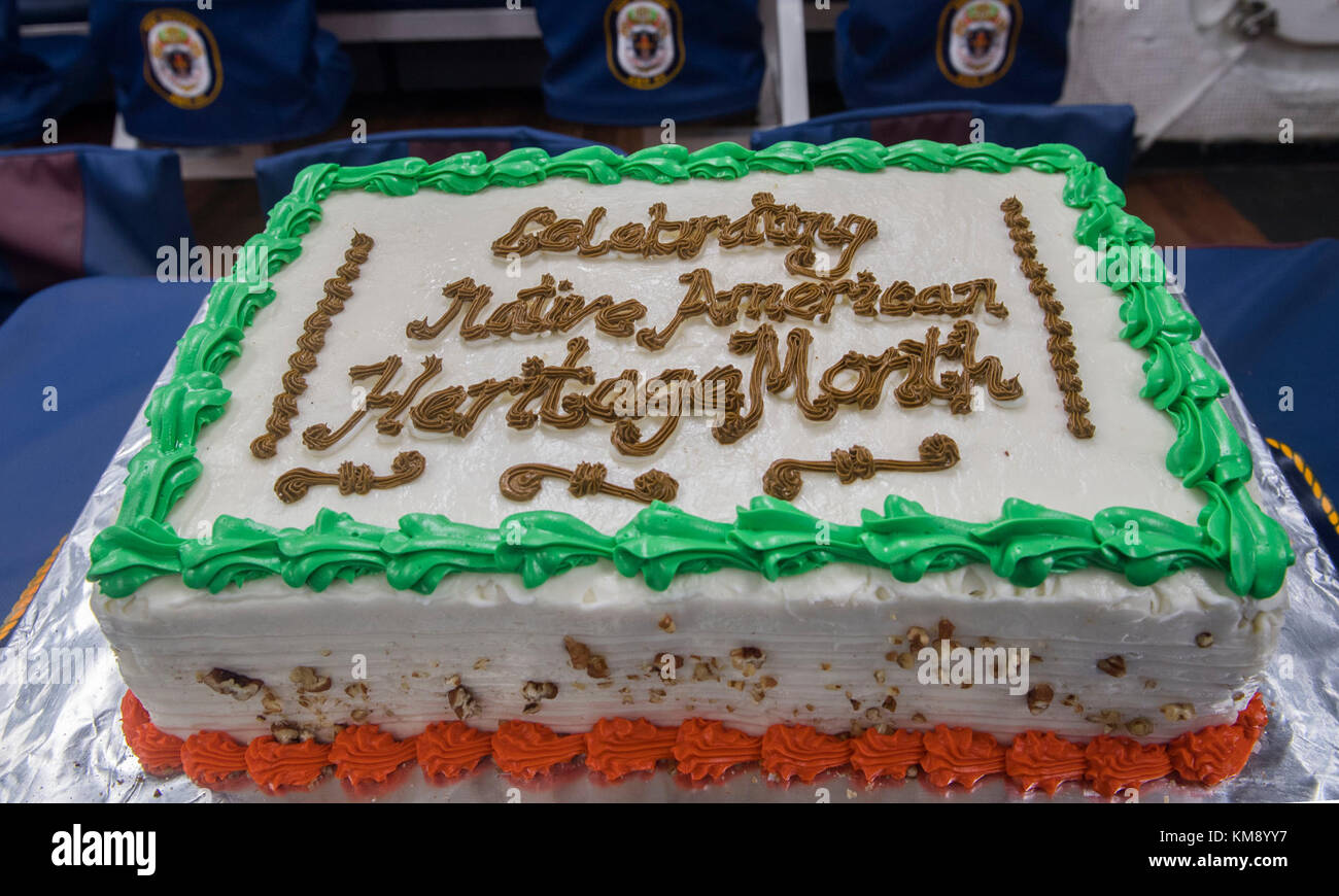 A cake, honoring the Navy’s Native American Heritage Month, sits on a ...