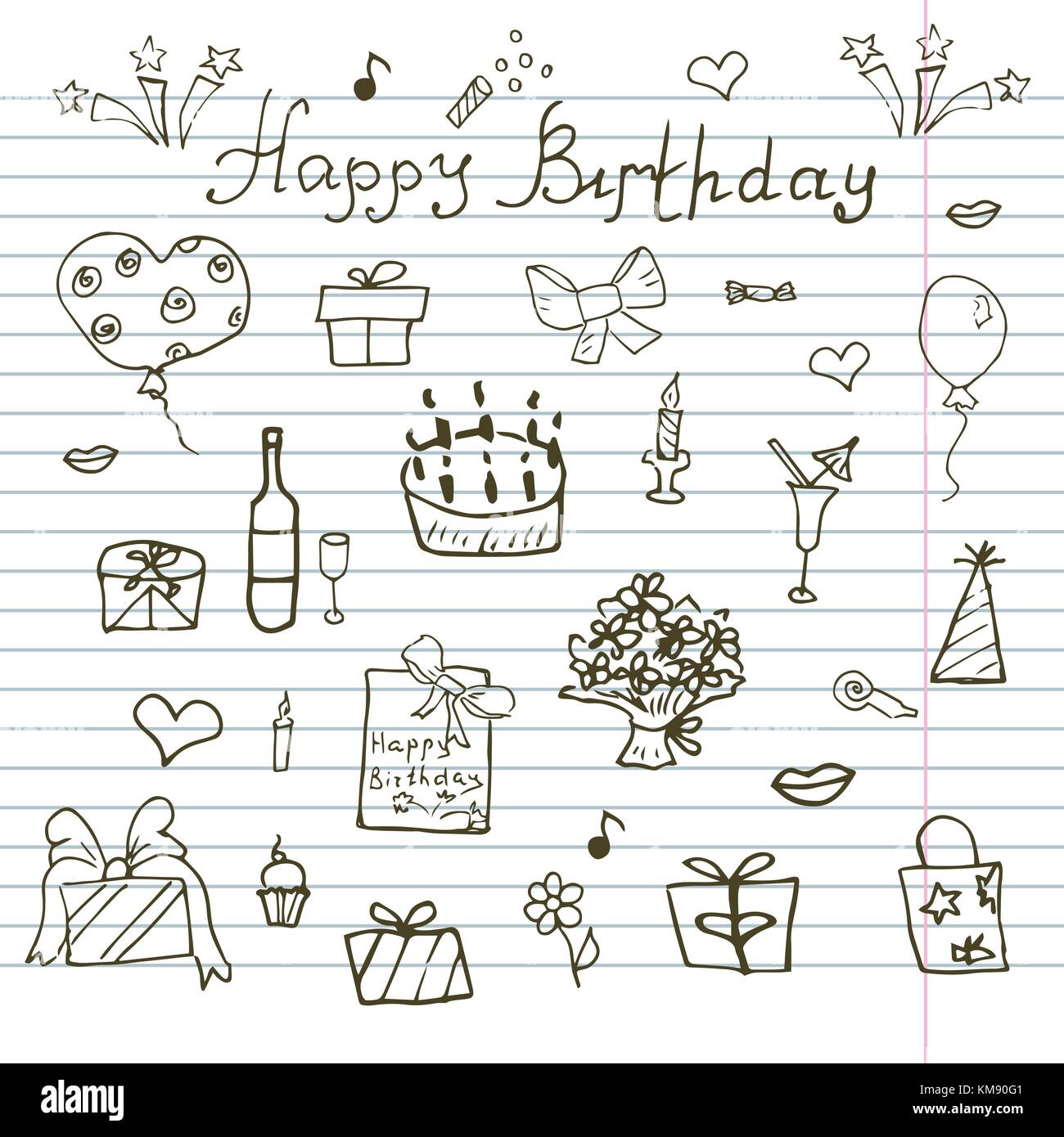 Birthday elements. Hand drawn set with birthday cake, balloons, gift ...