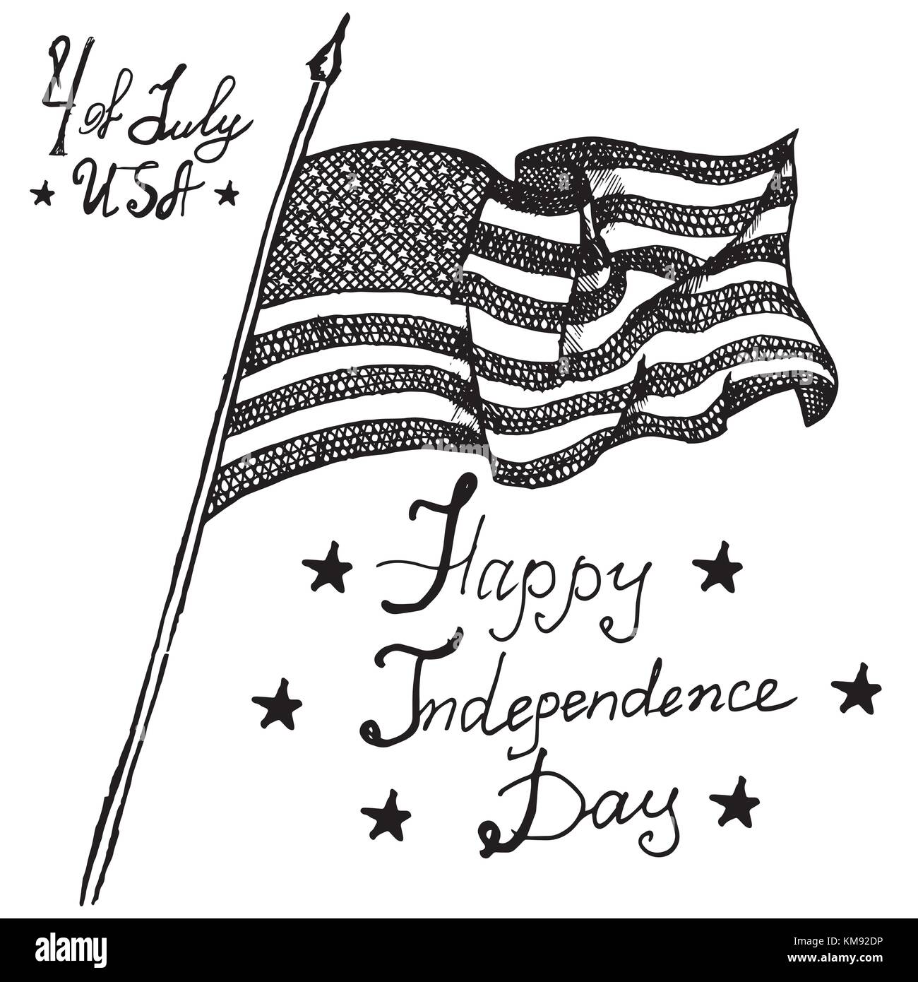Usa waving flag, American symbol, forth of july, Hand drawn sketch ...