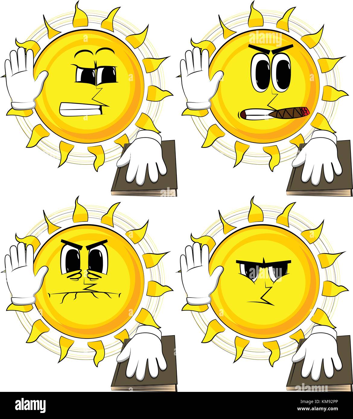 Cartoon sun raising his hand and put the other on a holy book. Taking ...