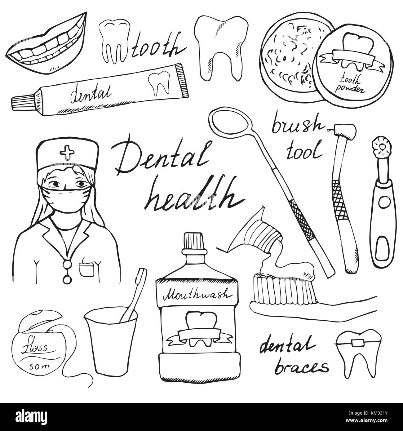 Dental health doodles icons set. Hand drawn sketch with teeth ...