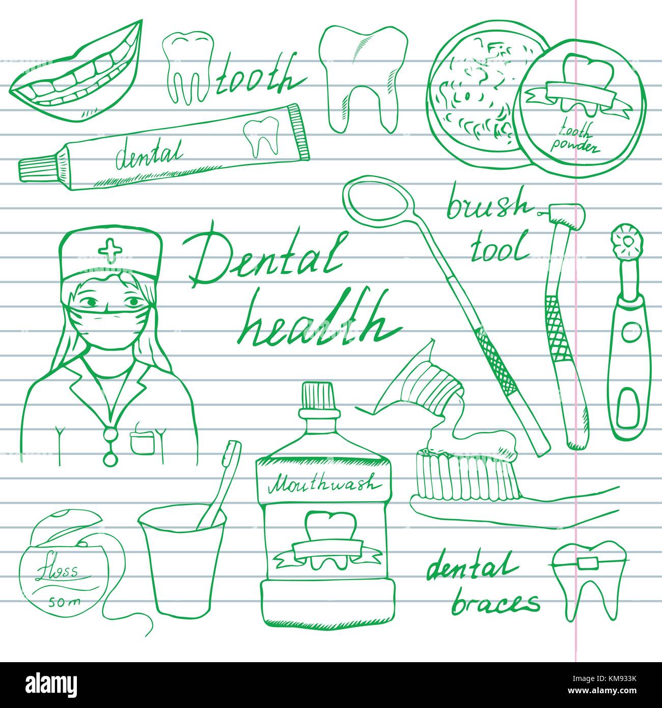 Dental health doodles icons set. Hand drawn sketch with teeth ...