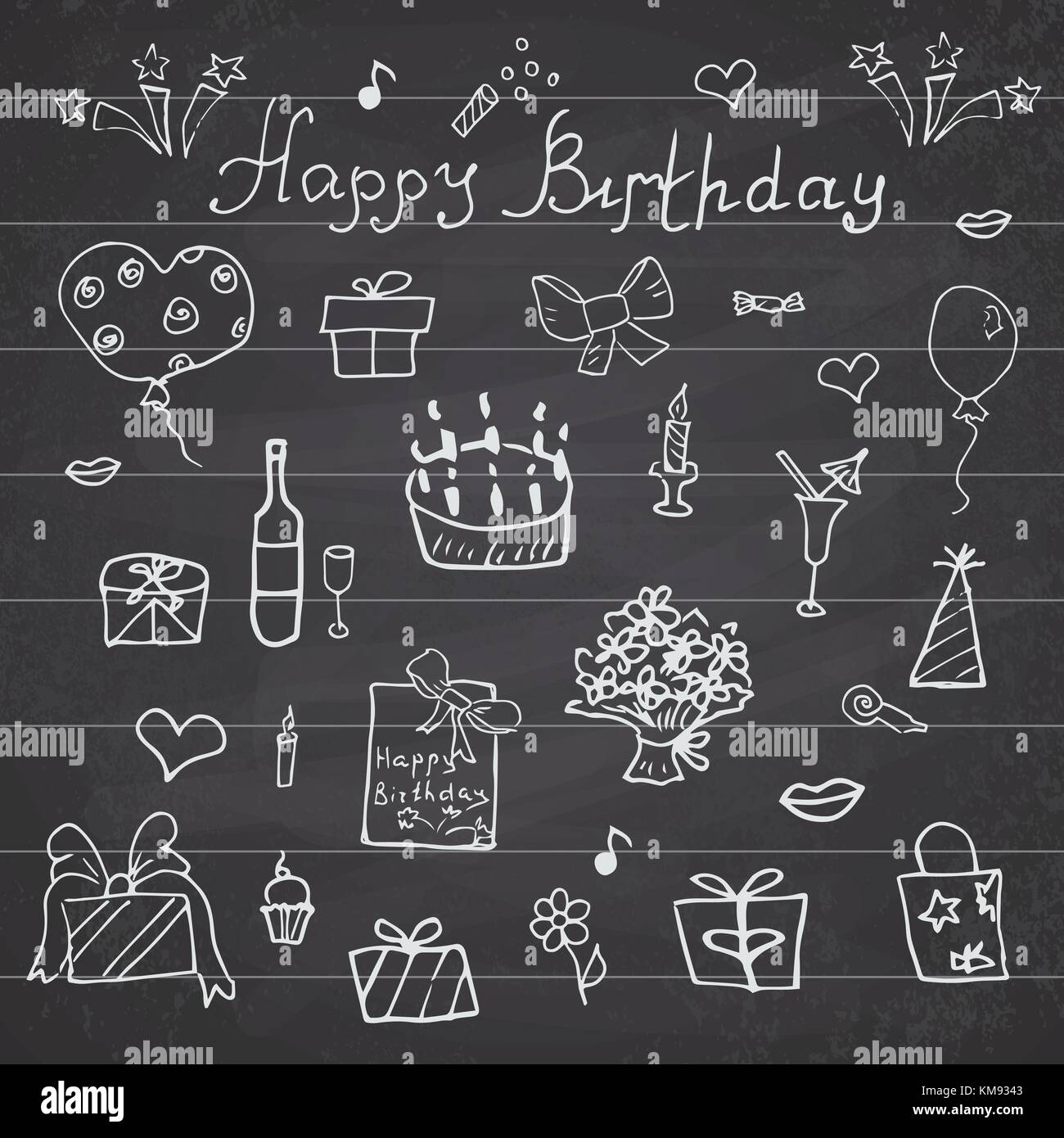 Birthday elements. Hand drawn set with birthday cake, balloons, gift ...