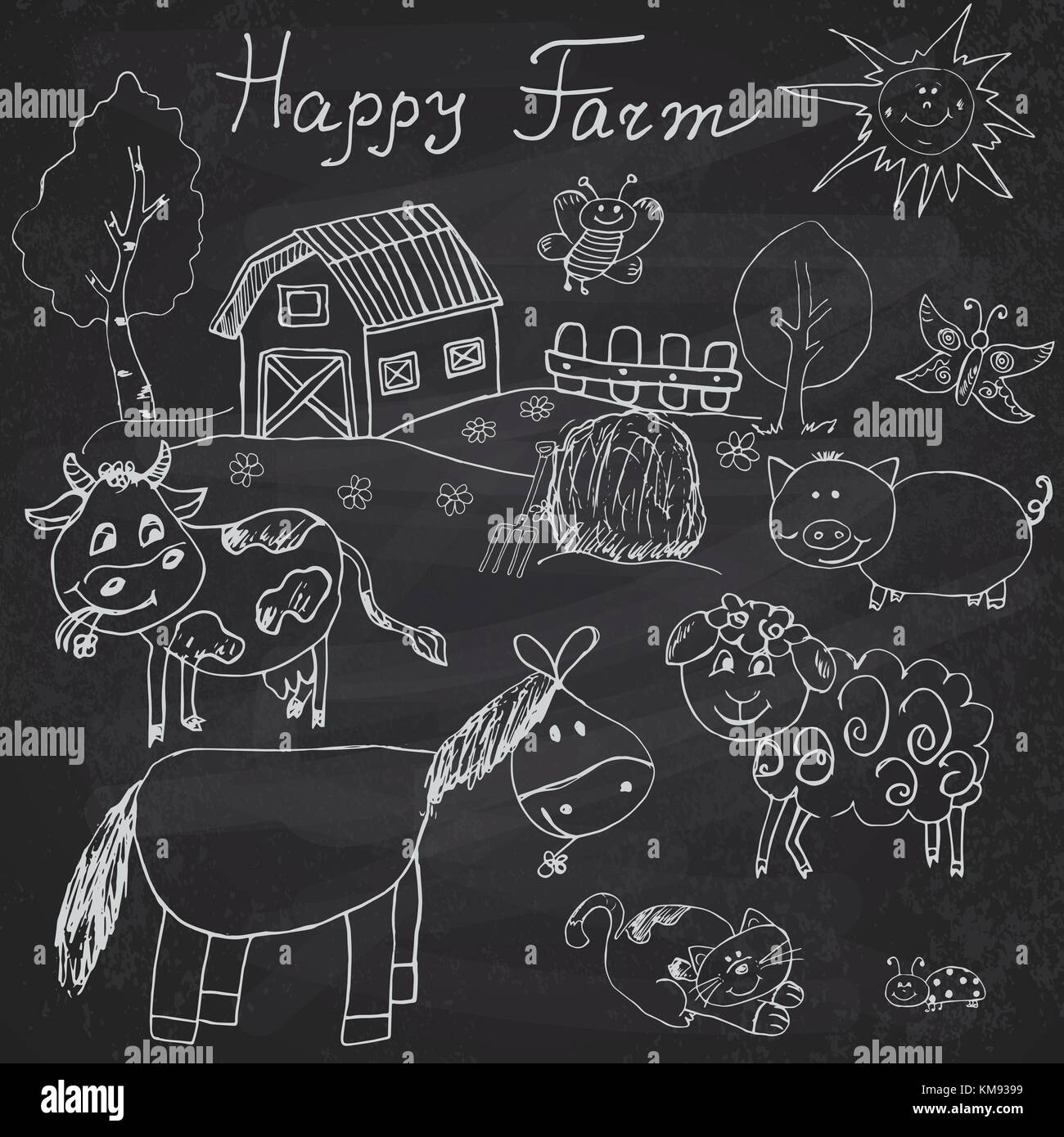 Happy farm doodles icons set. Hand drawn sketch with horse, cow, sheep ...