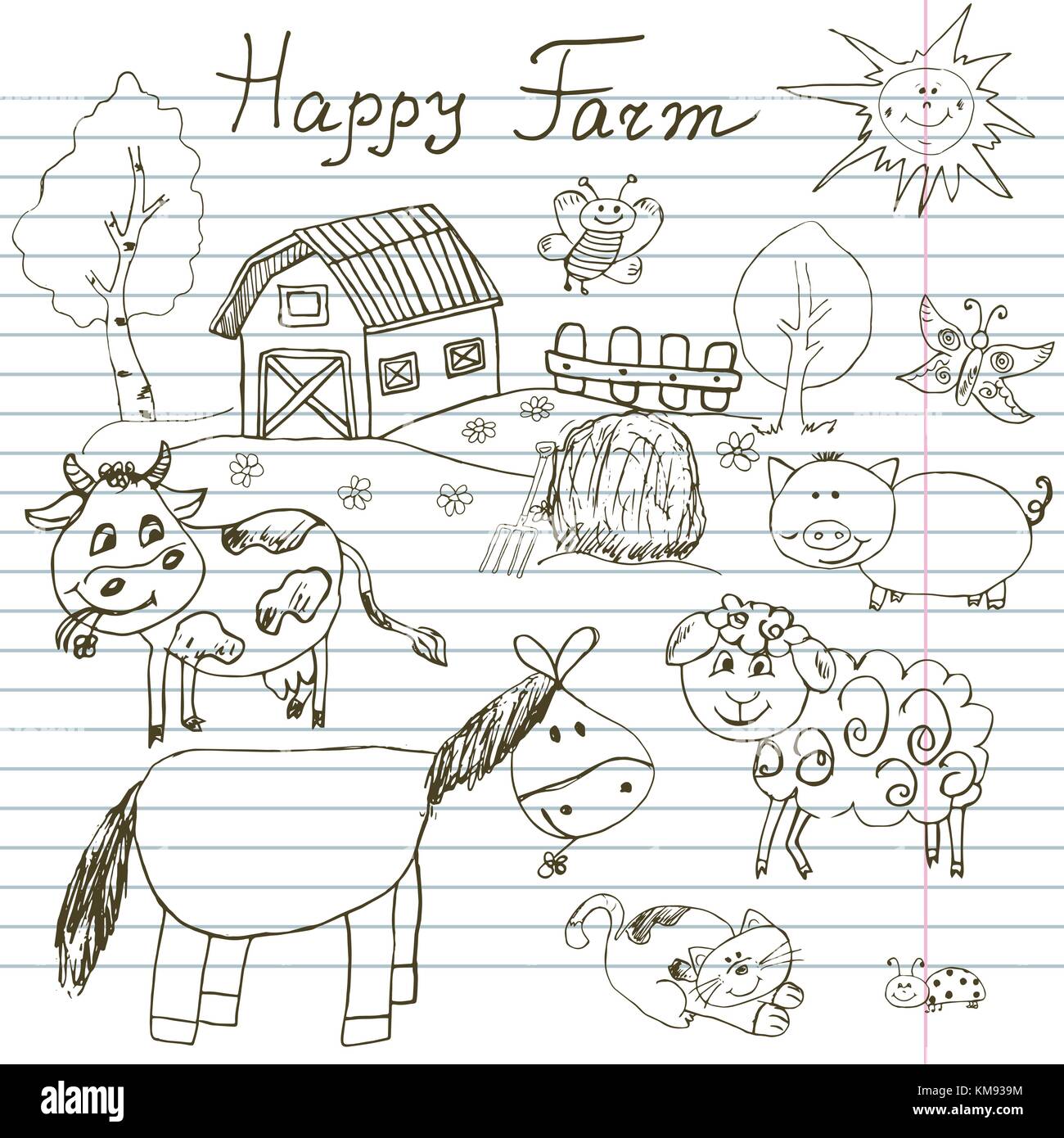 Happy farm doodles icons set. Hand drawn sketch with horse, cow, sheep ...