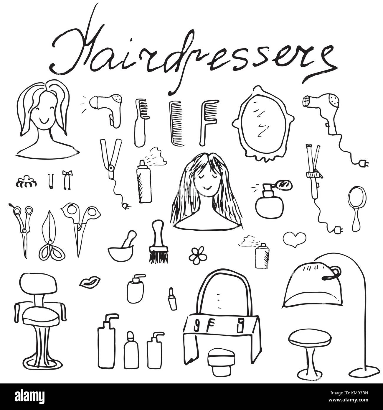 Hairdresser equipment doodles set. Hand-drawn sketch vector ...