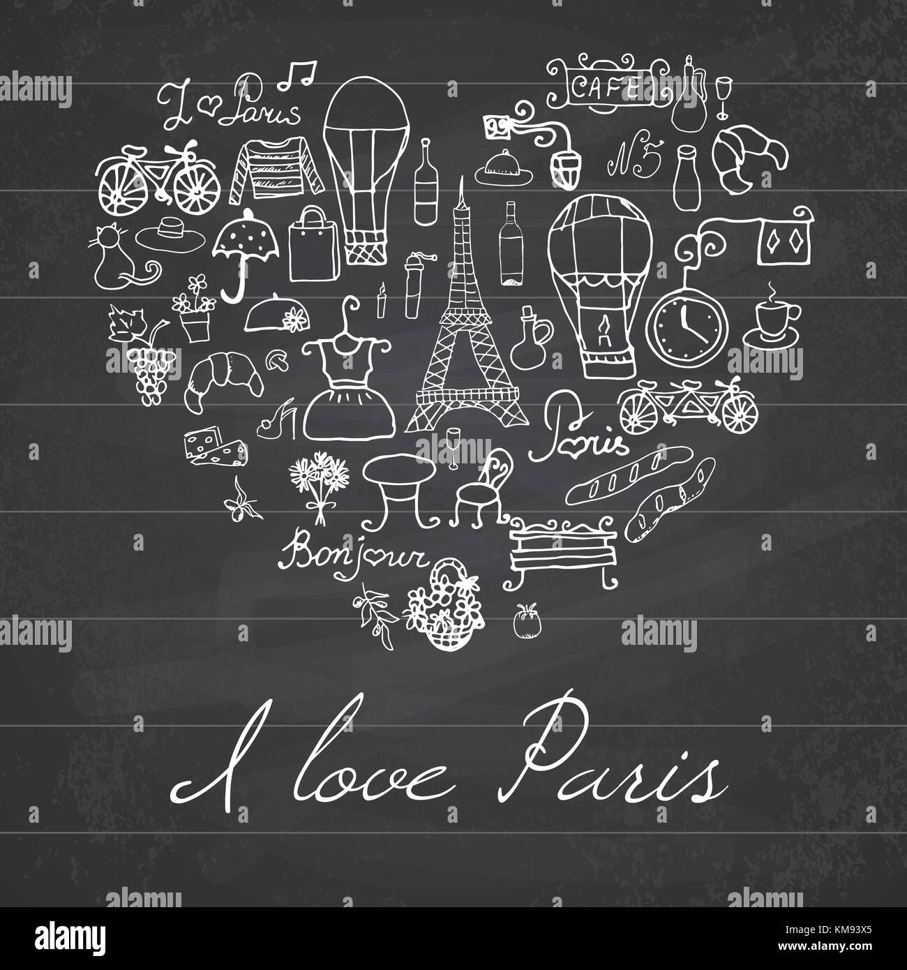 Paris doodles elements. Hand drawn set withefel tower bred cafe flowers ...