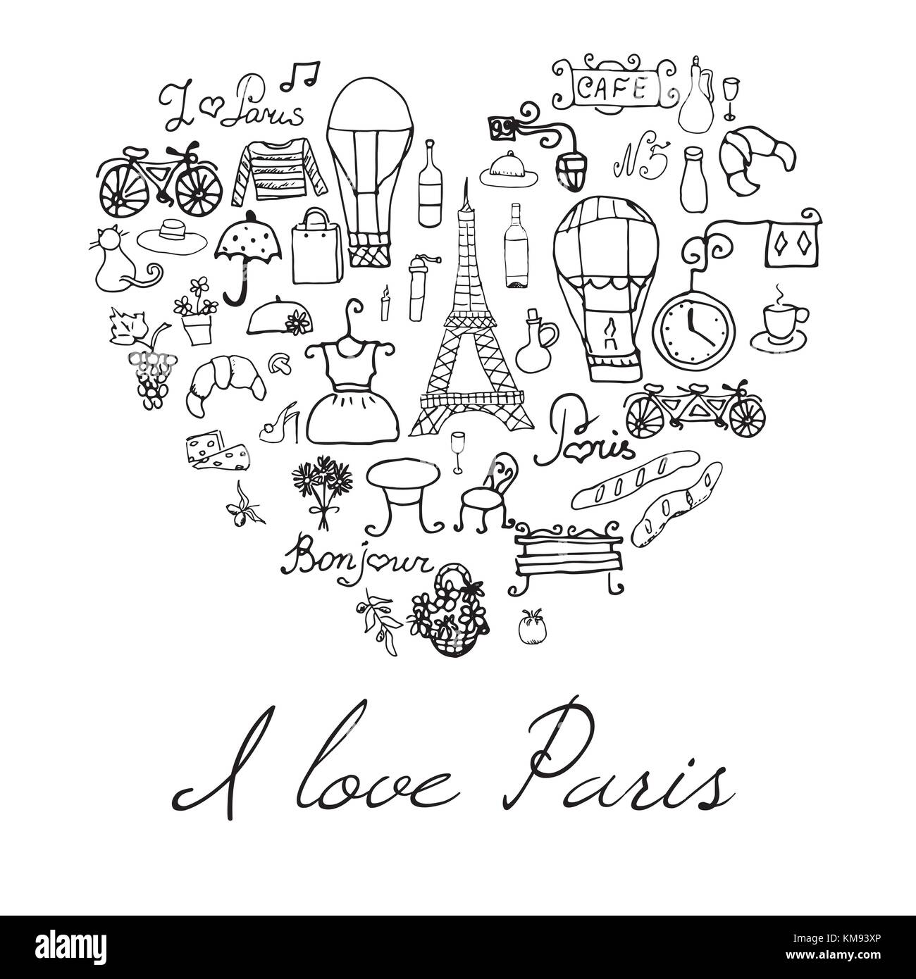 Paris doodles elements. Hand drawn set withefel tower bred cafe flowers ...