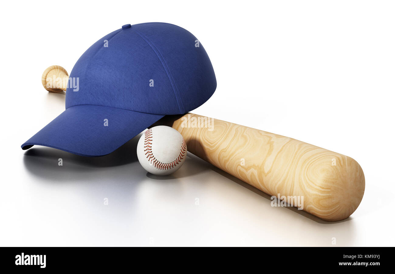 Baseball cap, ball and bat isolated on white background. 3D ...