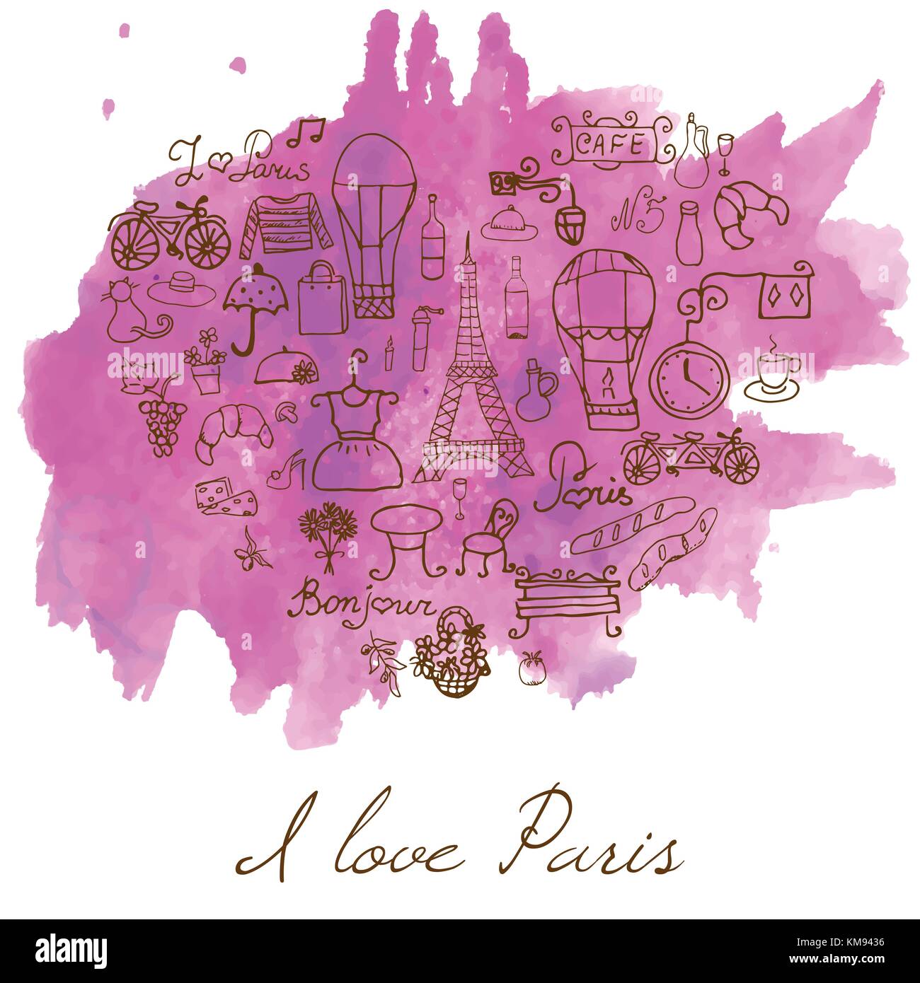 Paris doodles elements. Hand drawn set withefel tower bred cafe flowers ...