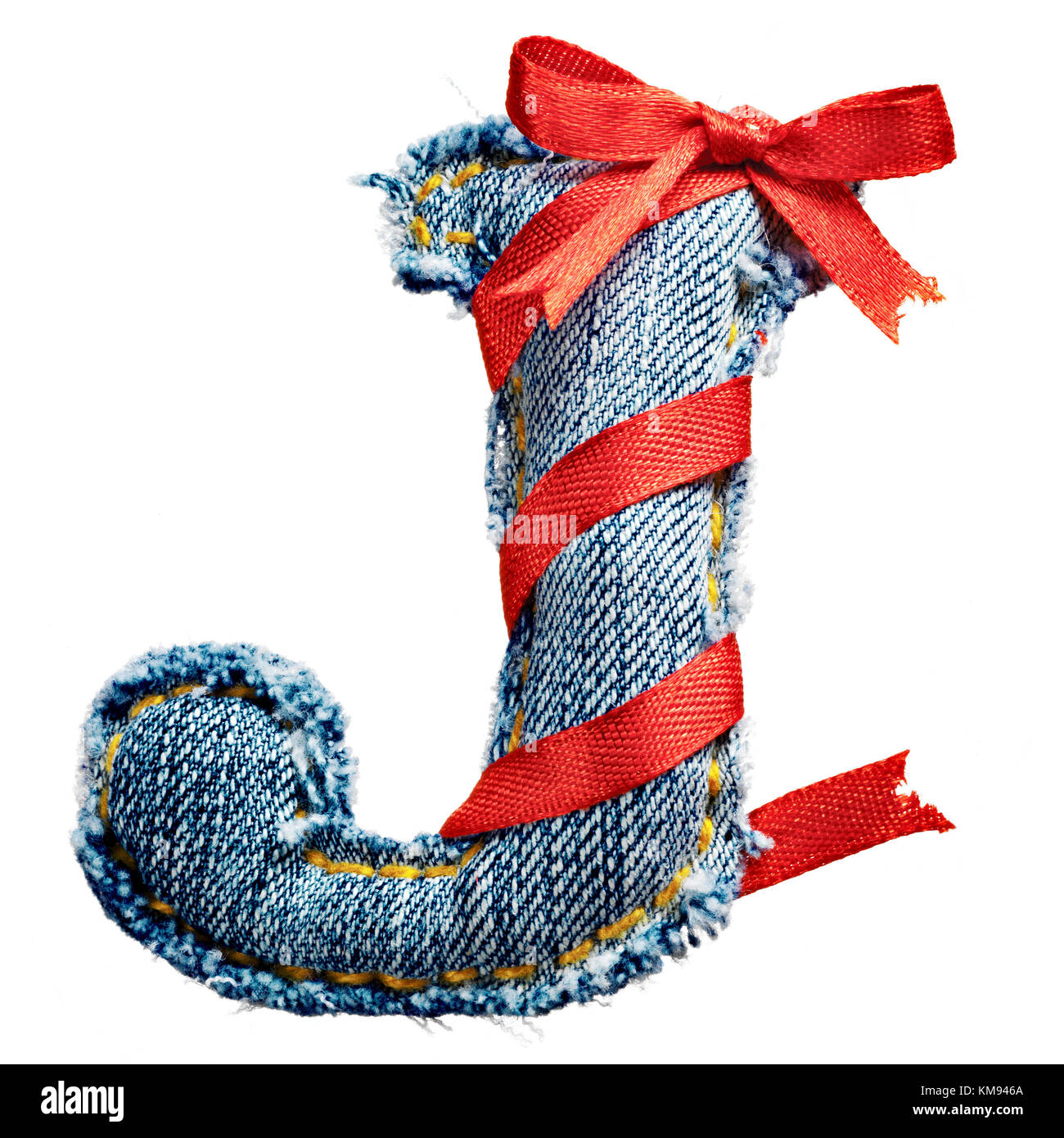 Magic holiday jeans alphabet letter J with red ribbon Stock Photo - Alamy