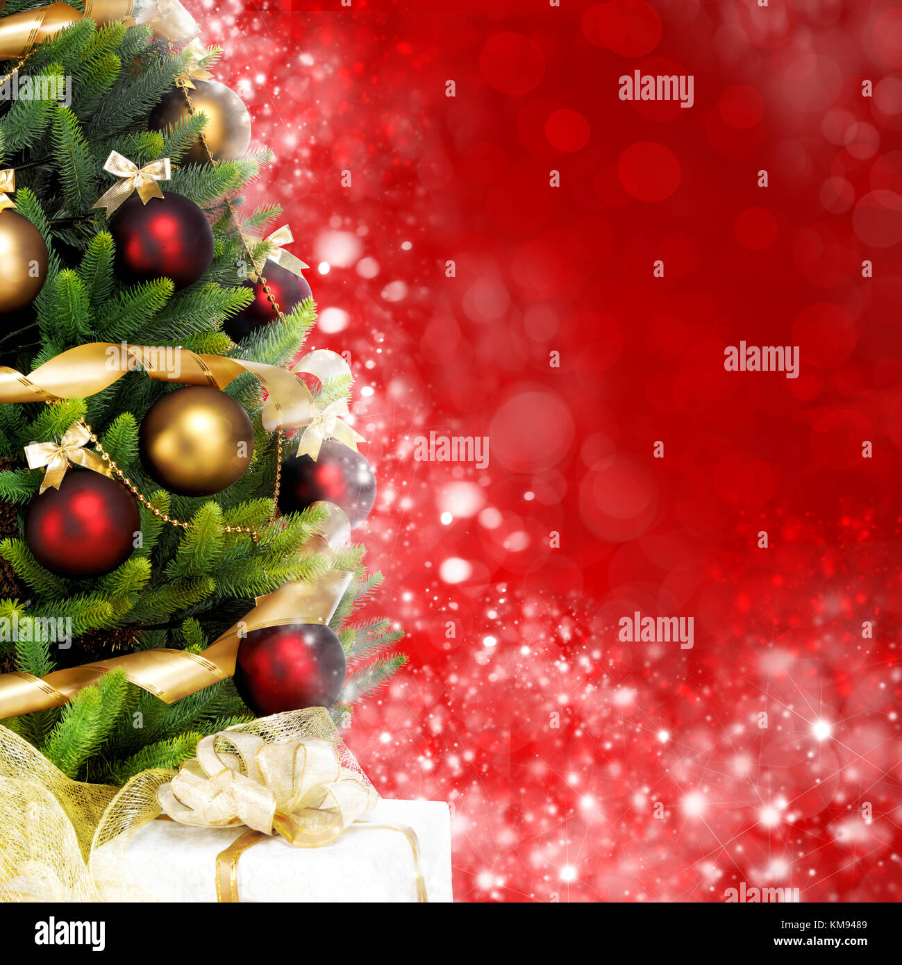 Magically decorated Fir Tree with balls, ribbons and garlands on a ...