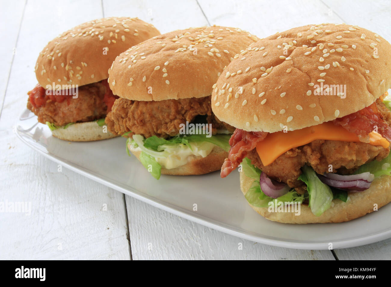 chicken burger plated meal Stock Photo - Alamy