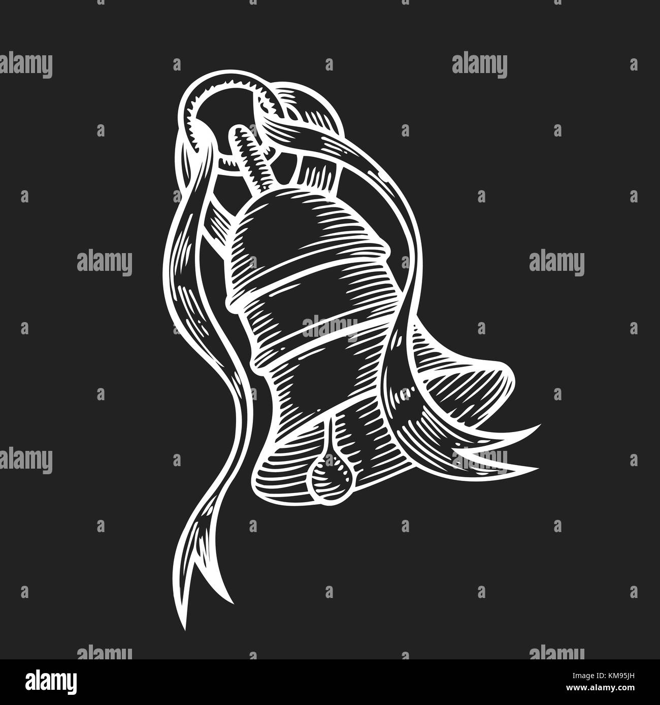 Hand drawn engraving bell with bow. Christmas retro vintage style ...