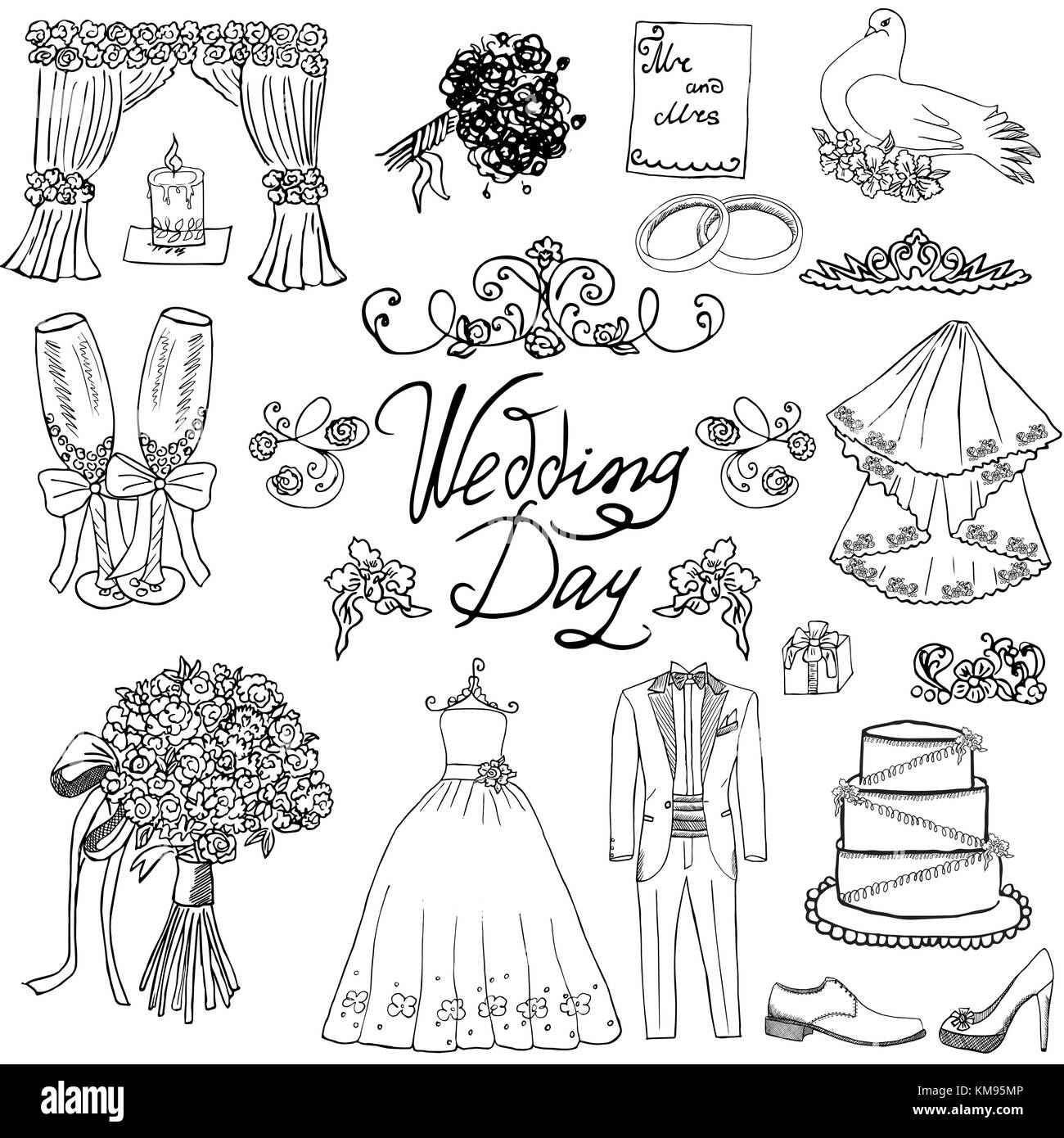 Wedding day elements. Hand drawn set with flowers candle bride dress ...
