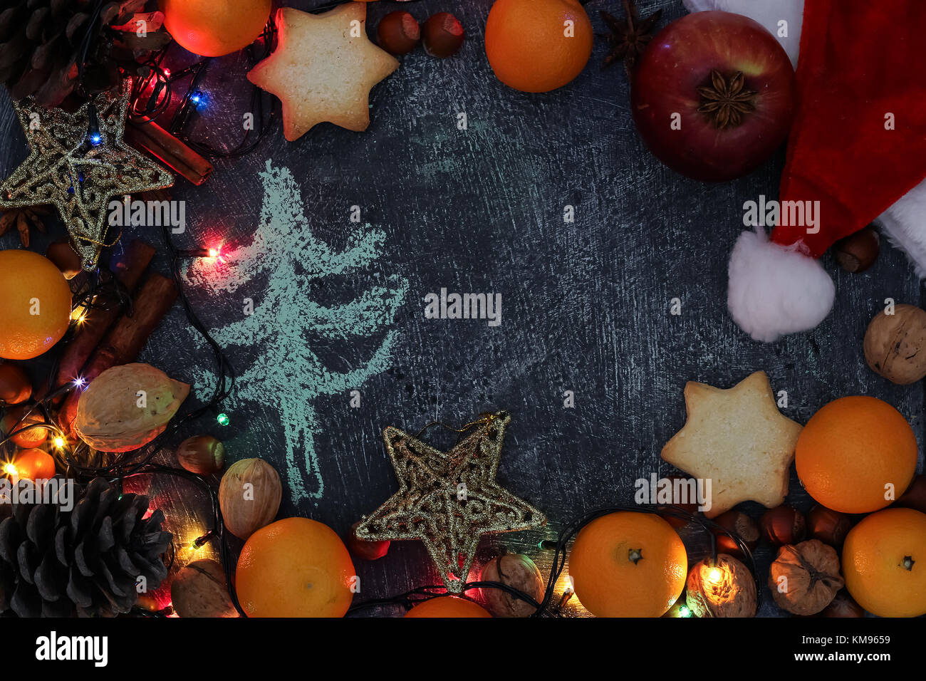 Background of Christmas decorations and gifts with multi-colored Stock ...