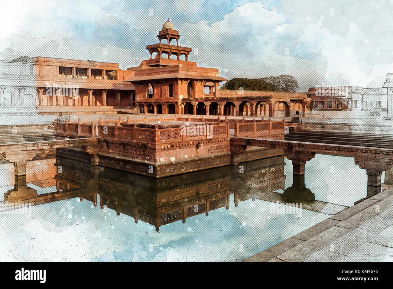 Fatehpur Sikri Anup Talao ancient archaeological city in illustration ...