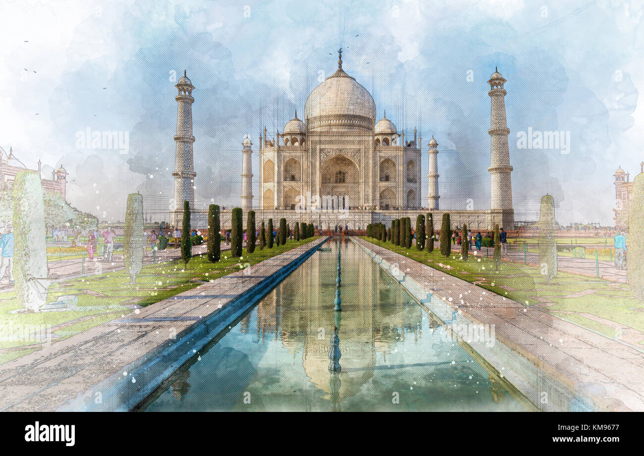 Taj Mahal India world heritage site illustration sketch art with ...