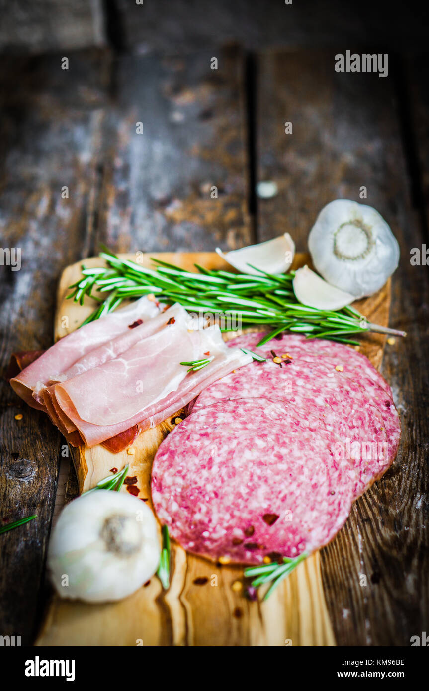 Dried Meat With Pepper And Salt On Rustic Wooden Background Stock Photo ...