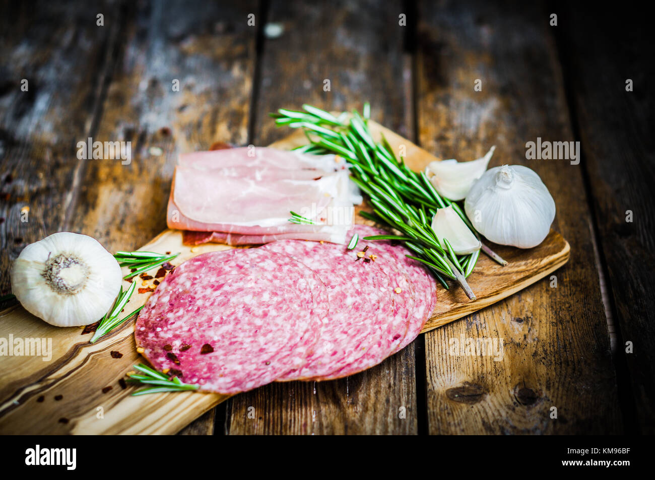 Dried Meat With Pepper And Salt On Rustic Wooden Background Stock Photo ...