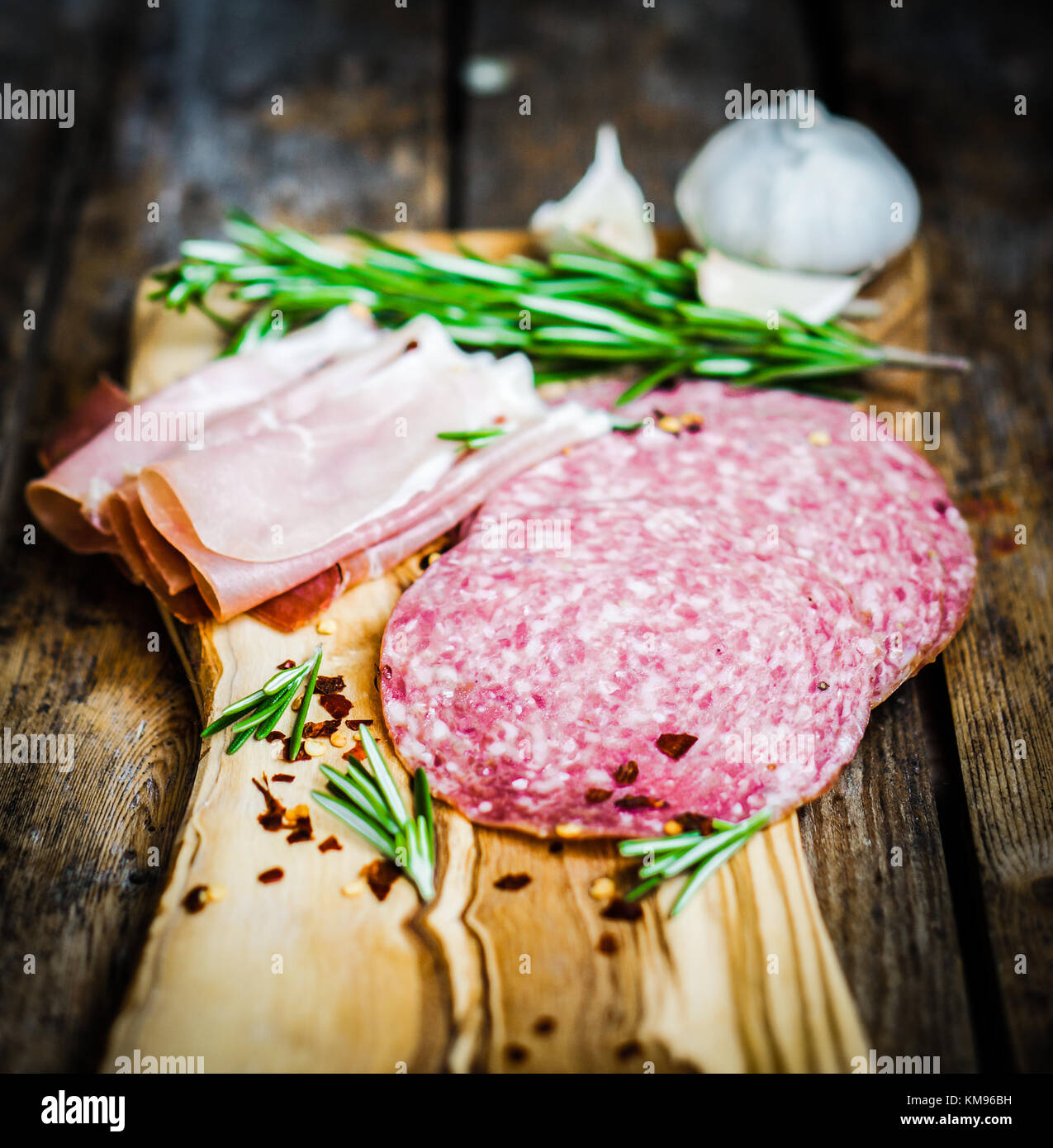 Dried Meat With Pepper And Salt On Rustic Wooden Background Stock Photo ...