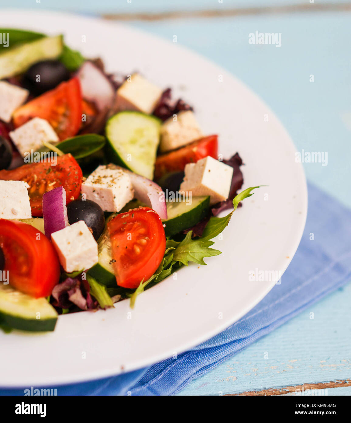 Greek Salad On Wooden Background Stock Photo - Alamy