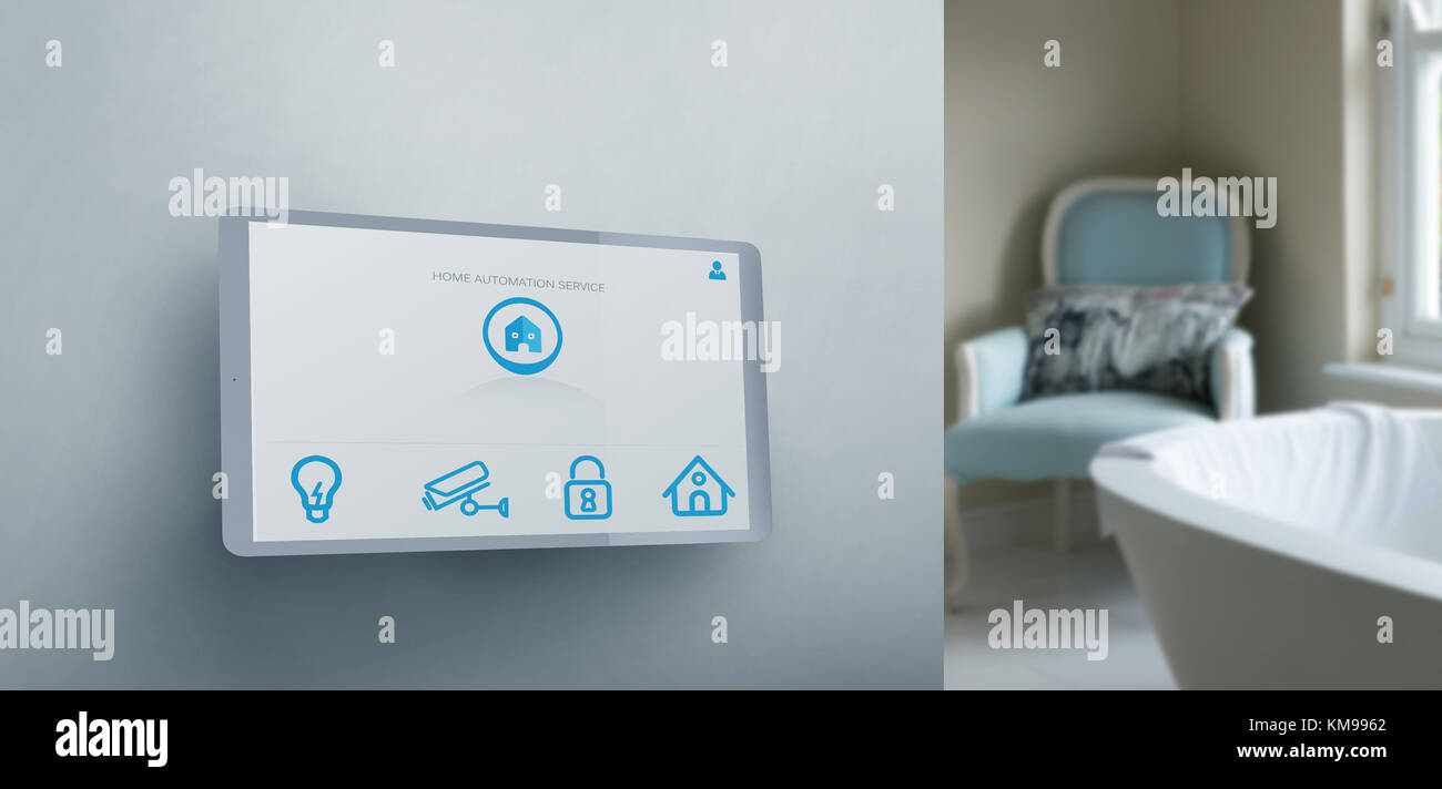 Screen of digital tablet against empty bathtub in bathroom Stock Photo ...