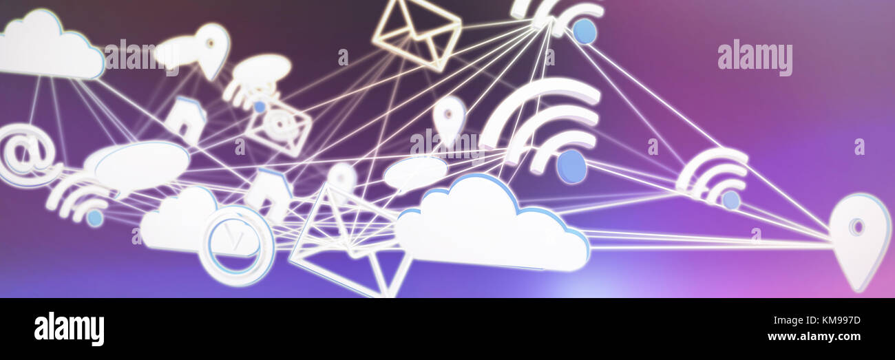 Lines connecting various networking icons against pink and purple ...