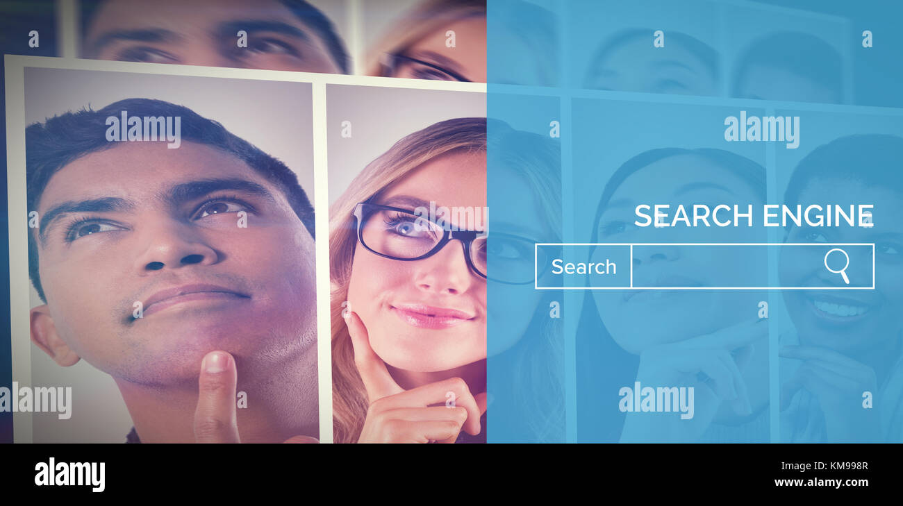 Graphic image of red search engine page against collage of portraits ...