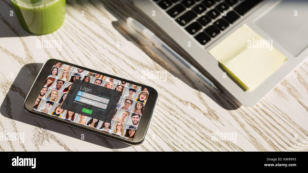 Login page against people collage portrait very wide Stock Photo - Alamy