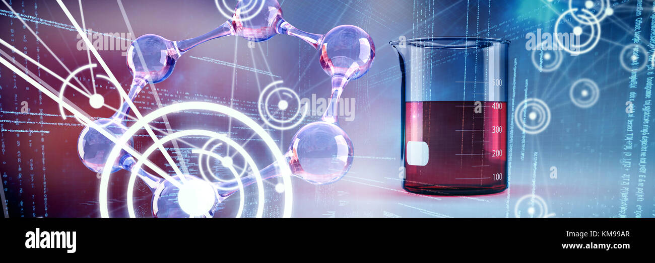 DNA structure against beaker with red chemical solution Stock Photo - Alamy