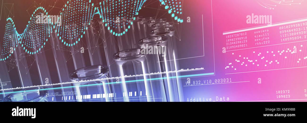 Helix diagram of DNA against test tube with chemical solution Stock ...