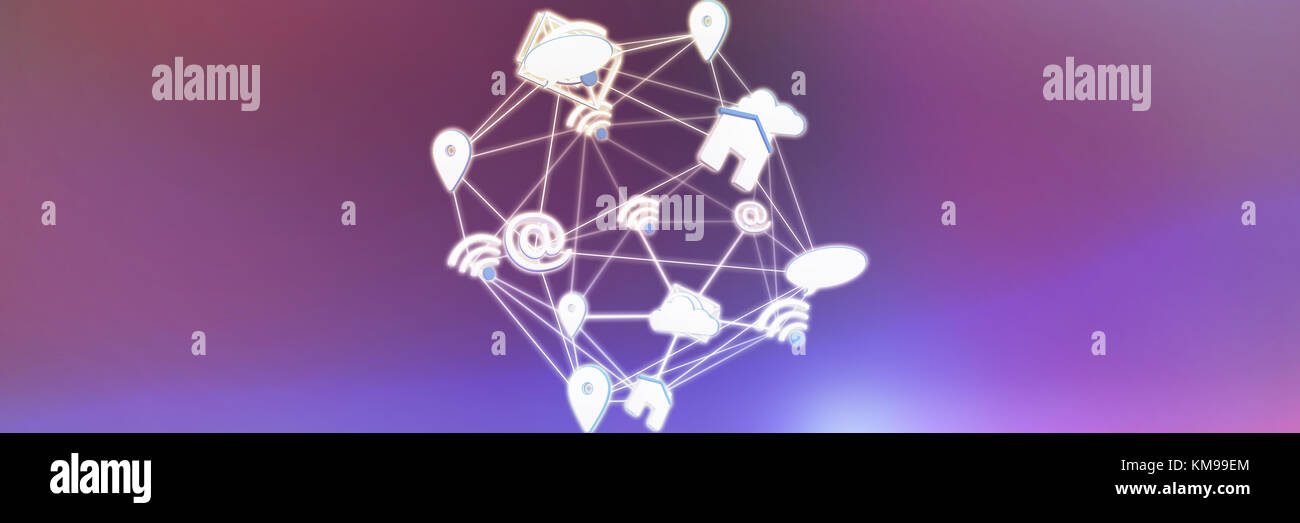 Lines connecting various networking icons against pink and purple ...