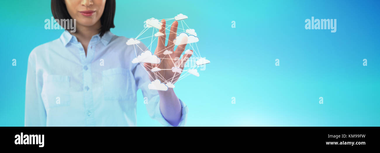 Woman using invisible screen against abstract blue background Stock ...