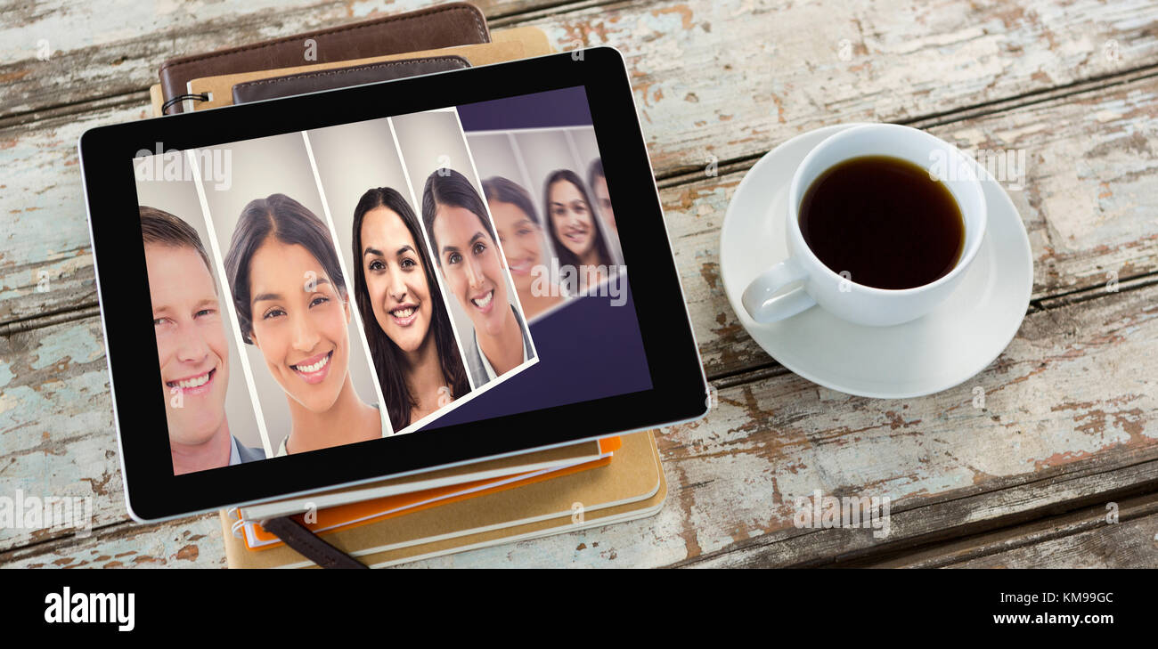 tablet and coffee against collage of portraits Stock Photo - Alamy