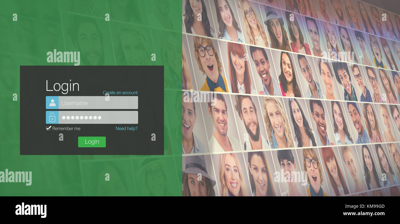 Close-up of login page against collage of portraits Stock Photo - Alamy
