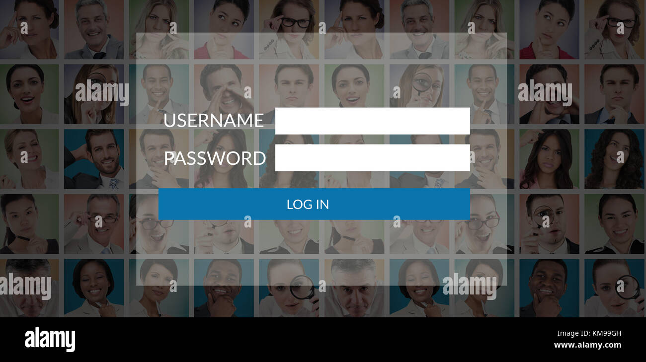Login page against people collage portrait 5x5 Stock Photo - Alamy