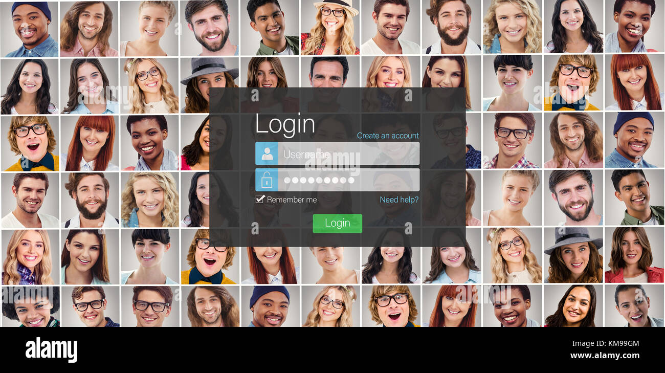 Close-up of login page against people collage portrait very wide Stock ...